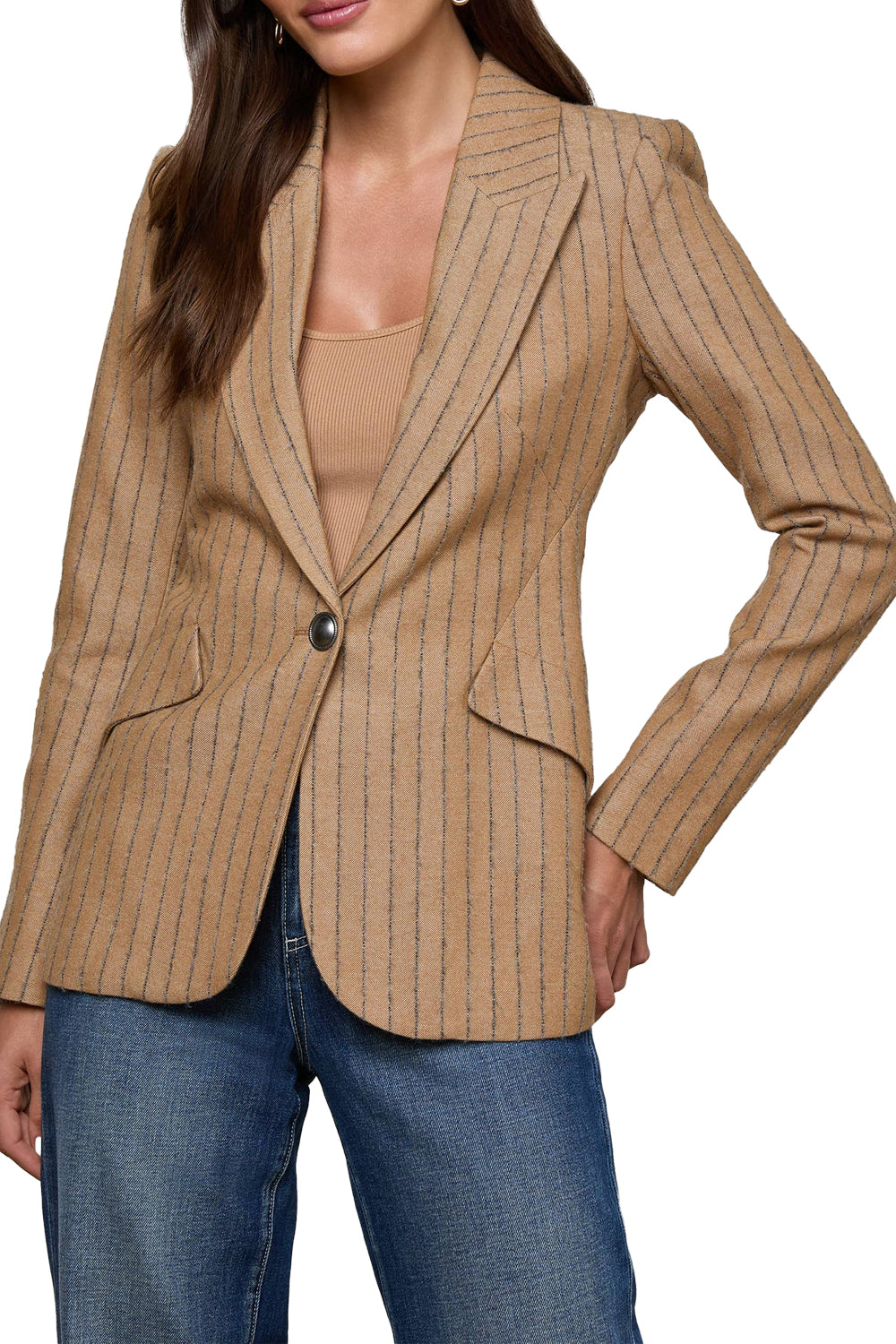 Chamberlain Pinstriped Blazer in Tan Charcoal Stripe – Krista K Boutique